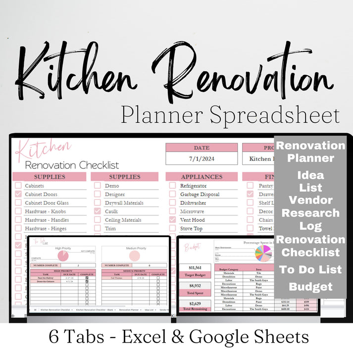 Kitchen Renovation Planner Google Sheets and Excel Spreadsheet – Savvy ...