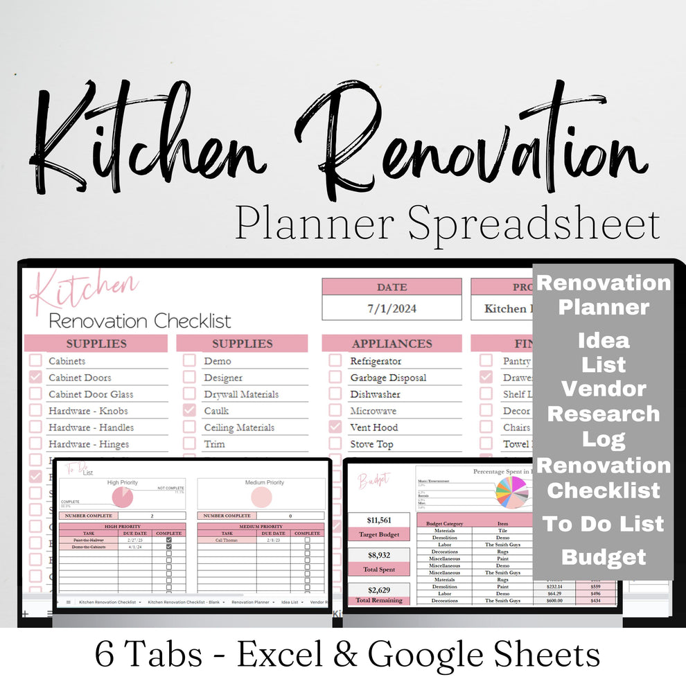 Kitchen Renovation Planner Google Sheets and Excel Spreadsheet – Savvy ...