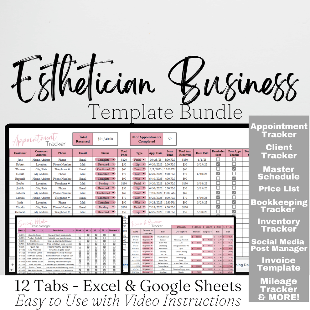 Esthetician Business Template Bundle Google Sheet and Excel Spreadshee ...