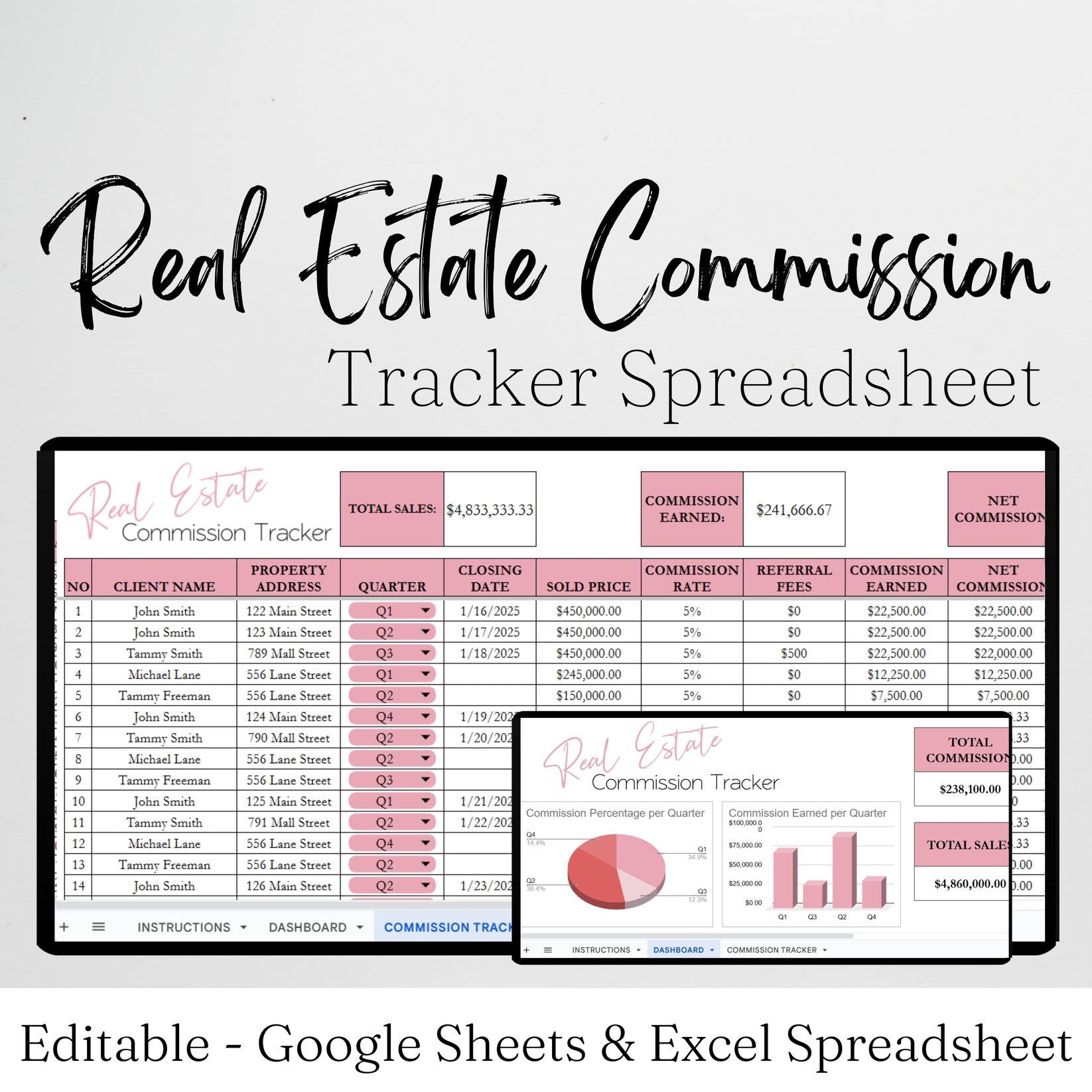Real Estate Commission Tracker Google Sheet and Excel Spreadsheet Temp ...