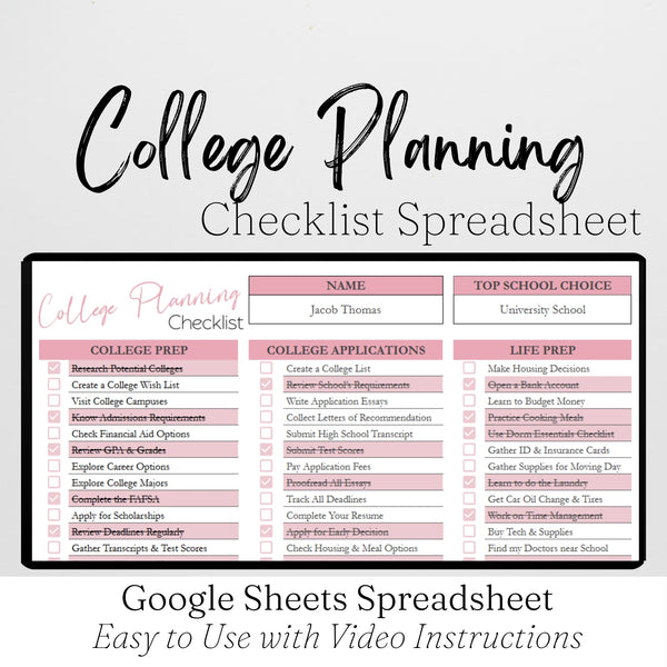 College Planning Checklist Template for Google Sheets and Excel Spread ...