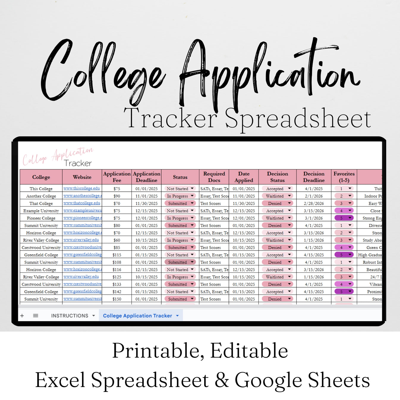 College Application Tracker Template Google Sheets and Excel Spreadshe ...