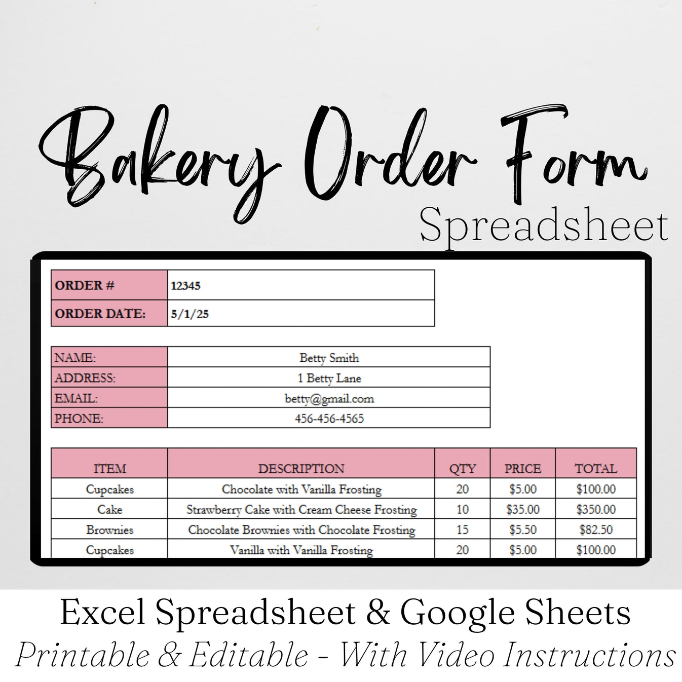 Bakery Order Form Template Google Sheets and Excel Spreadsheet – Savvy ...