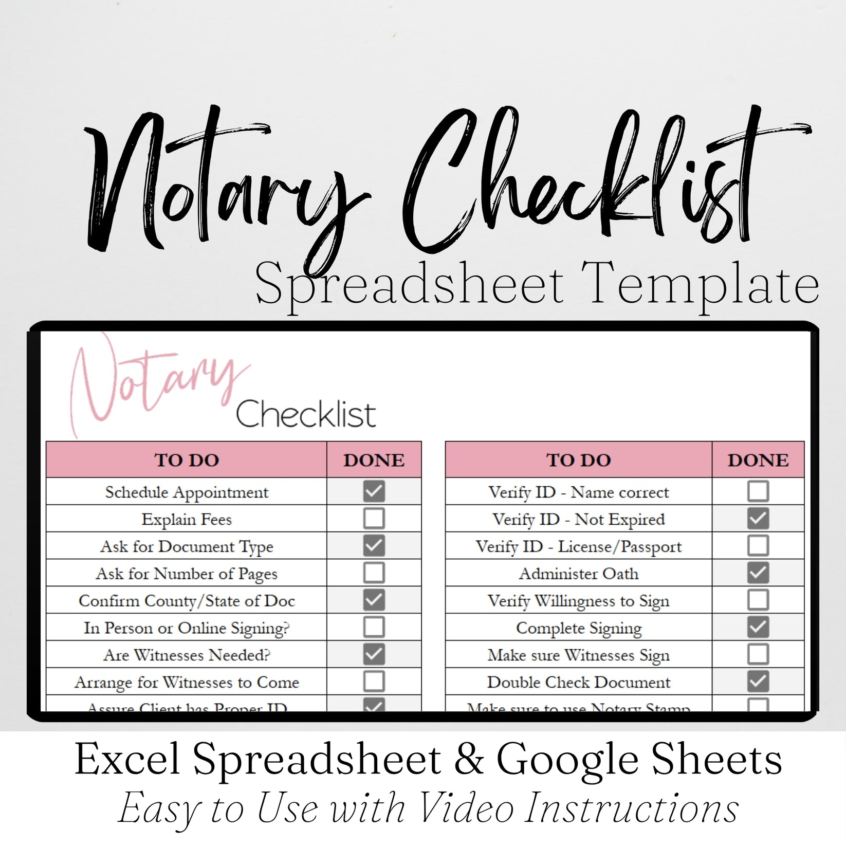 Notary Checklist Template for Google Sheets and Excel Spreadsheet ...