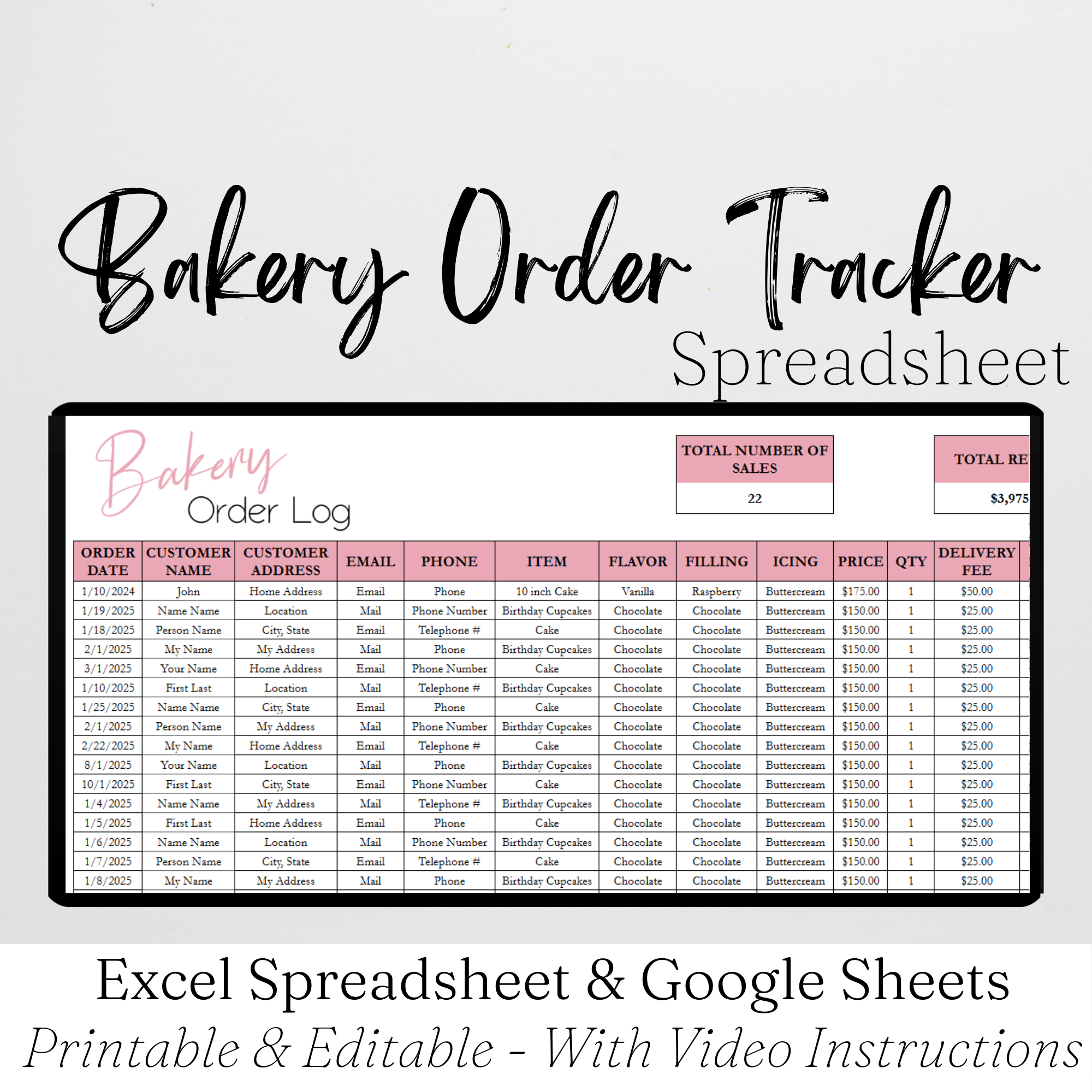 Bakery Order Tracker Template Google Sheets and Excel Spreadsheet ...