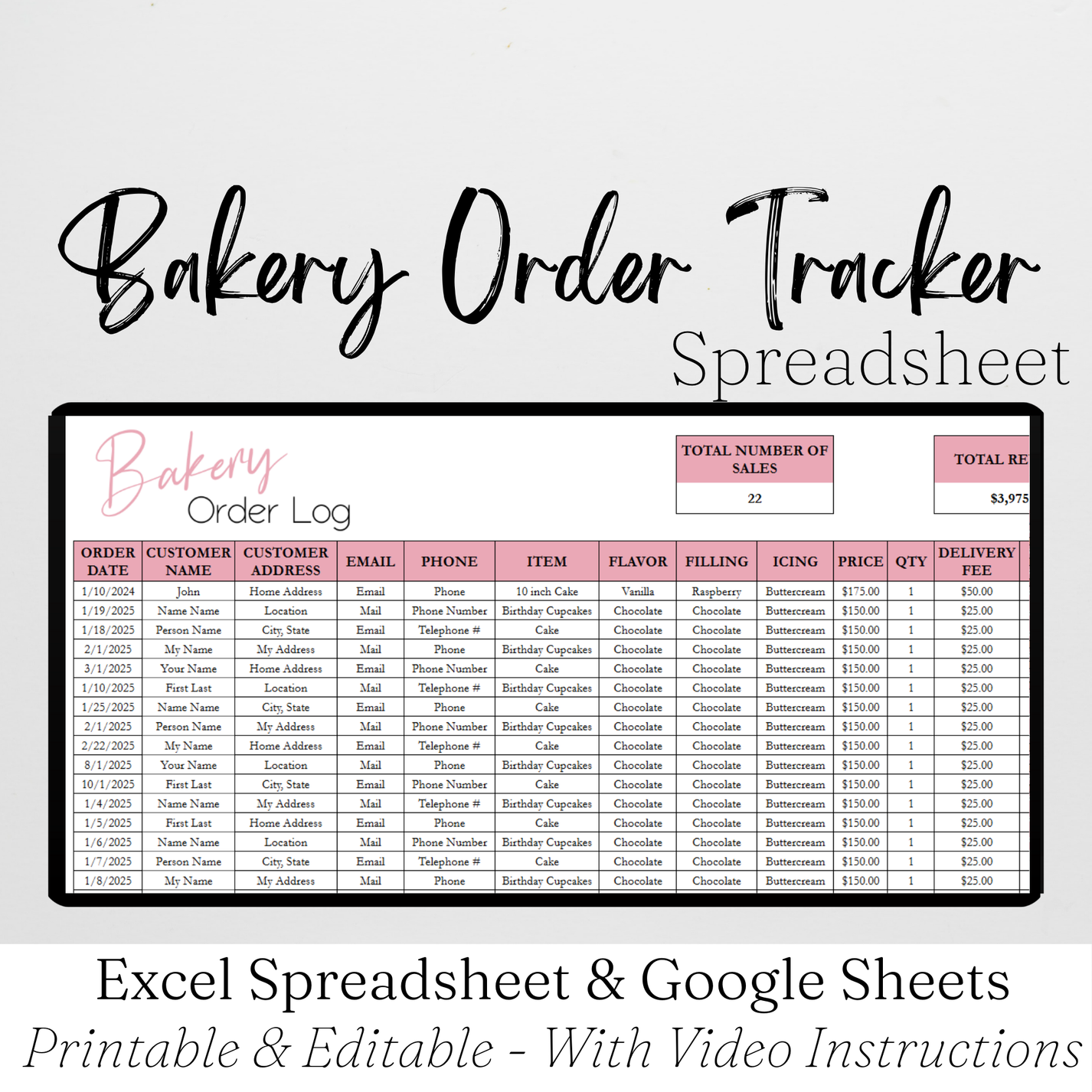 Bakery Order Tracker Template Google Sheets and Excel Spreadsheet ...