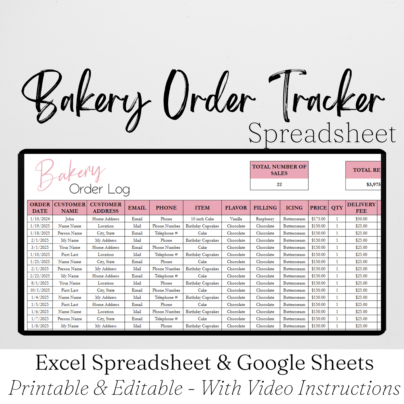 Bakery Order Tracker Template Google Sheets and Excel Spreadsheet ...