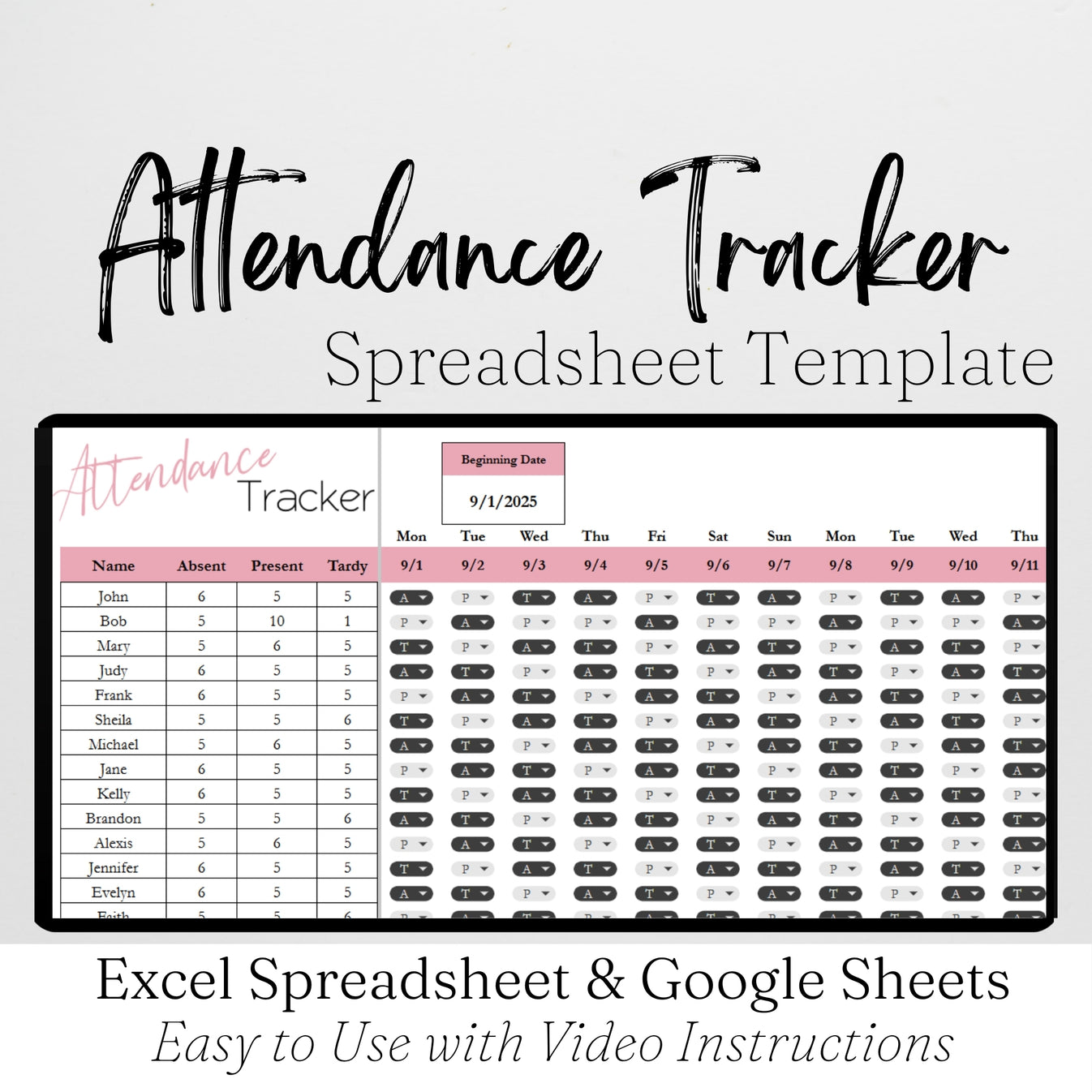 Attendance Tracker Template Google Sheets Excel Spreadsheet – Savvy and ...