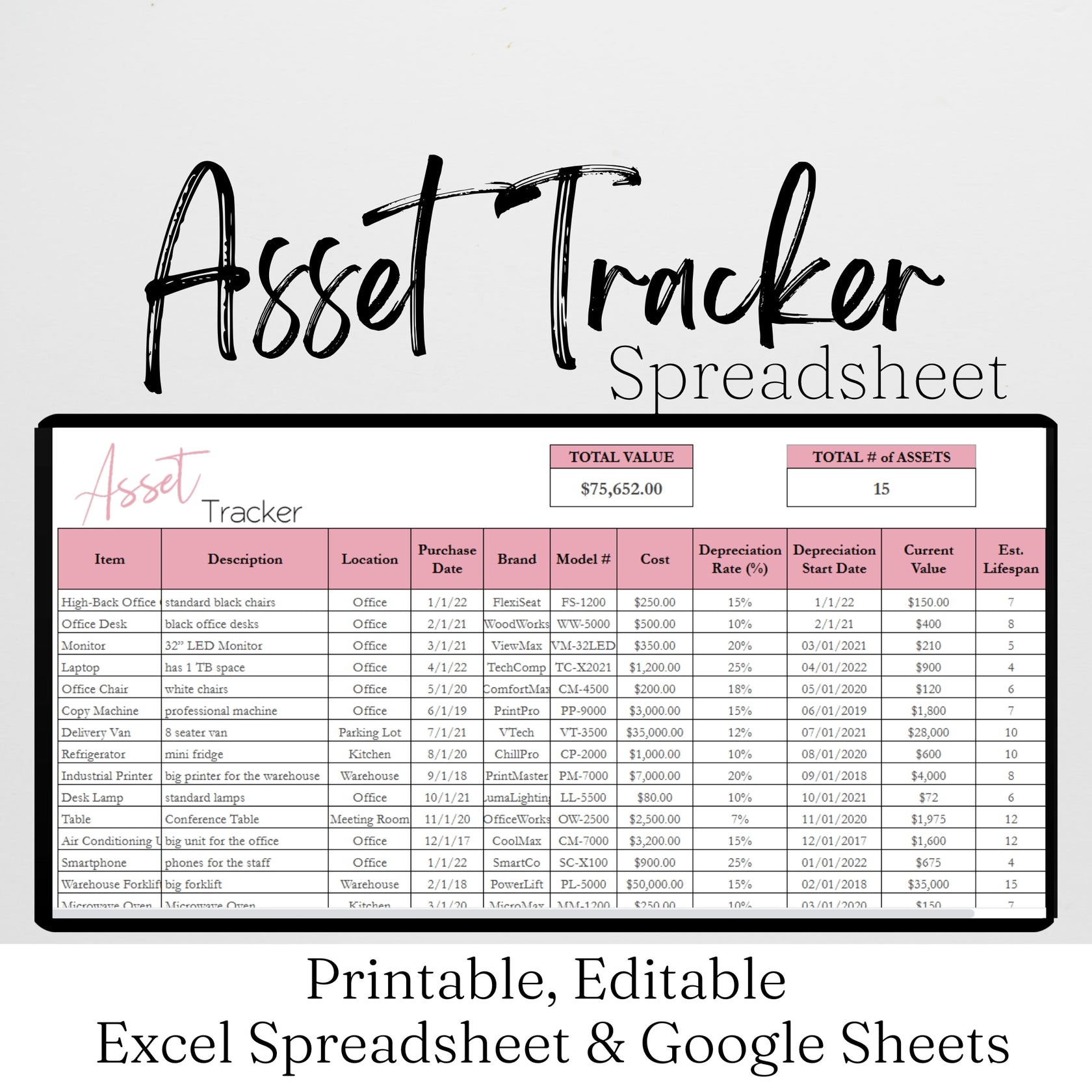 Asset Tracker Template Google Sheets and Excel Spreadsheet – Savvy and ...