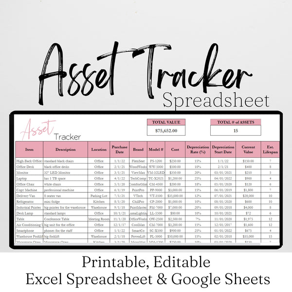 Asset Tracker Template Google Sheets and Excel Spreadsheet – Savvy and ...