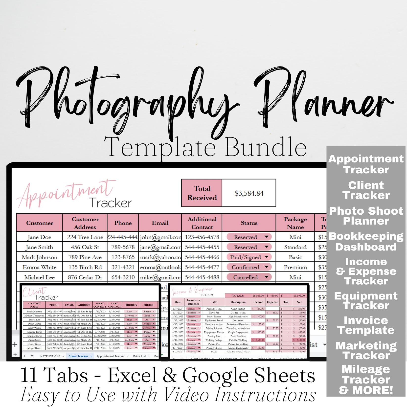 Photography Planner Template Bundle Google Sheet and Excel Spreadsheet ...