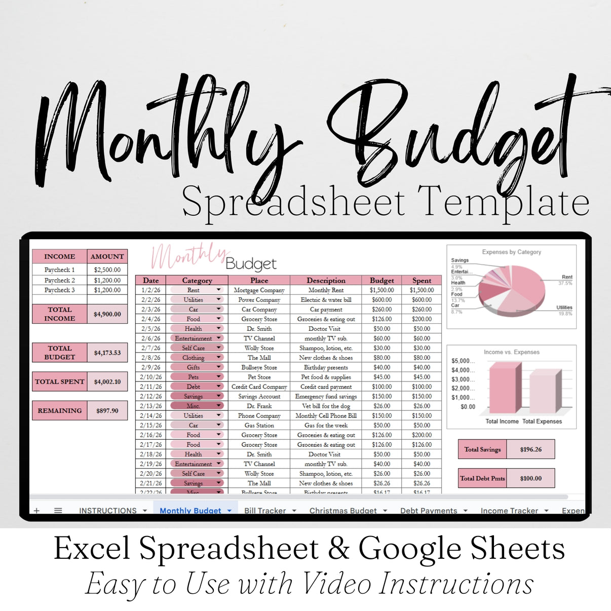 Monthly Budget Template Google Sheets and Excel Spreadsheet – Savvy and ...
