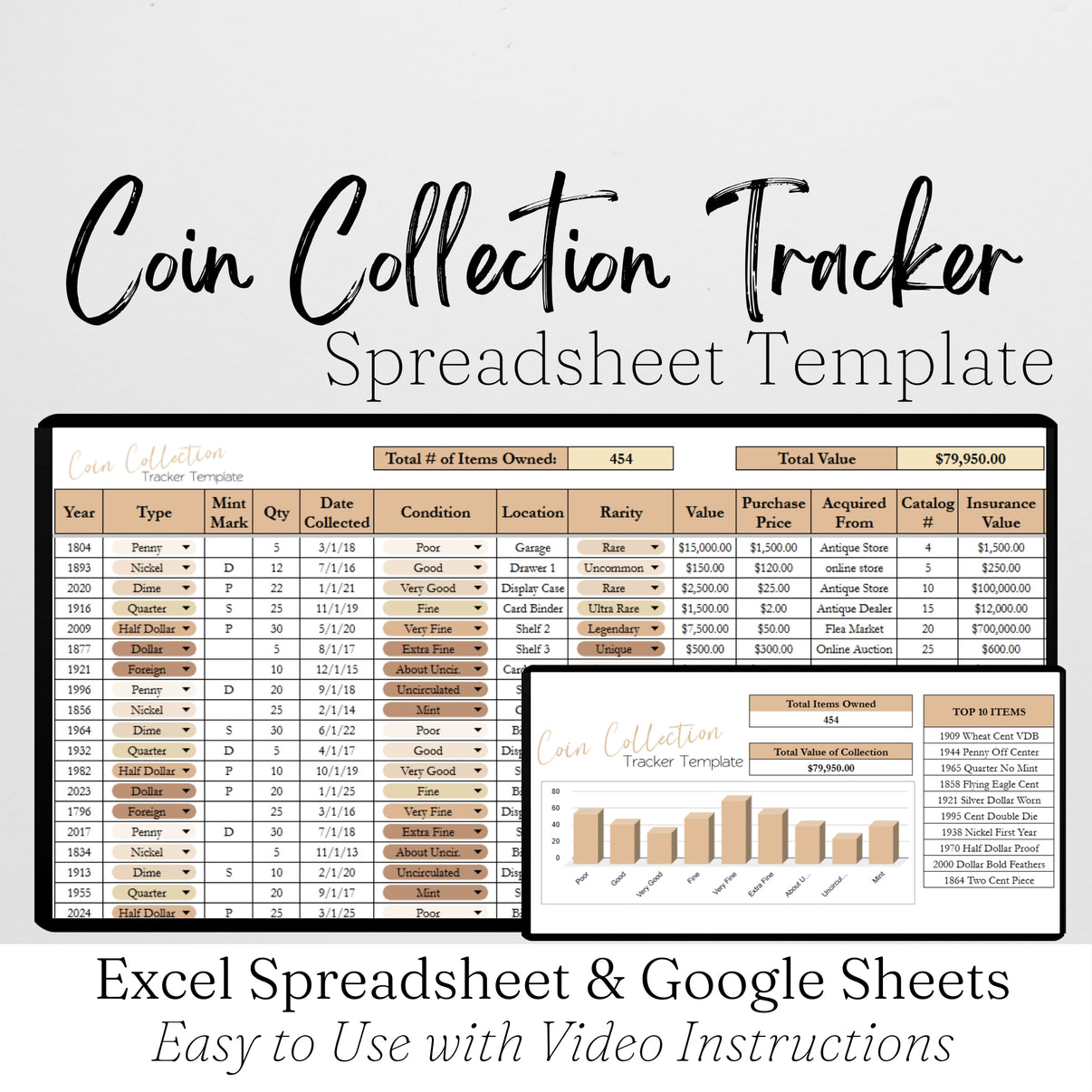 Coin Collection Inventory Spreadsheet Google Sheets and Excel Tracker ...