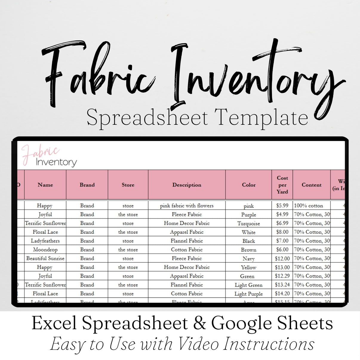 Fabric Inventory Tracker Google Sheet and Excel Spreadsheet – Savvy and ...