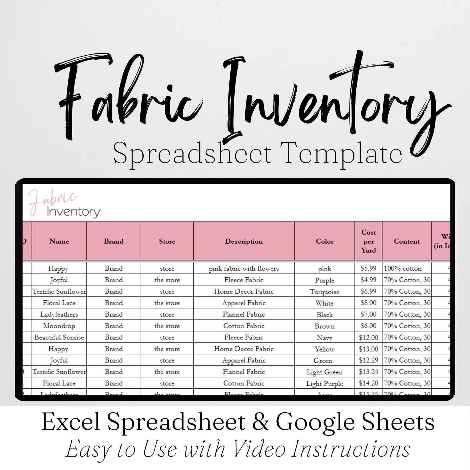 Fabric Inventory Tracker Google Sheet and Excel Spreadsheet – Savvy and ...