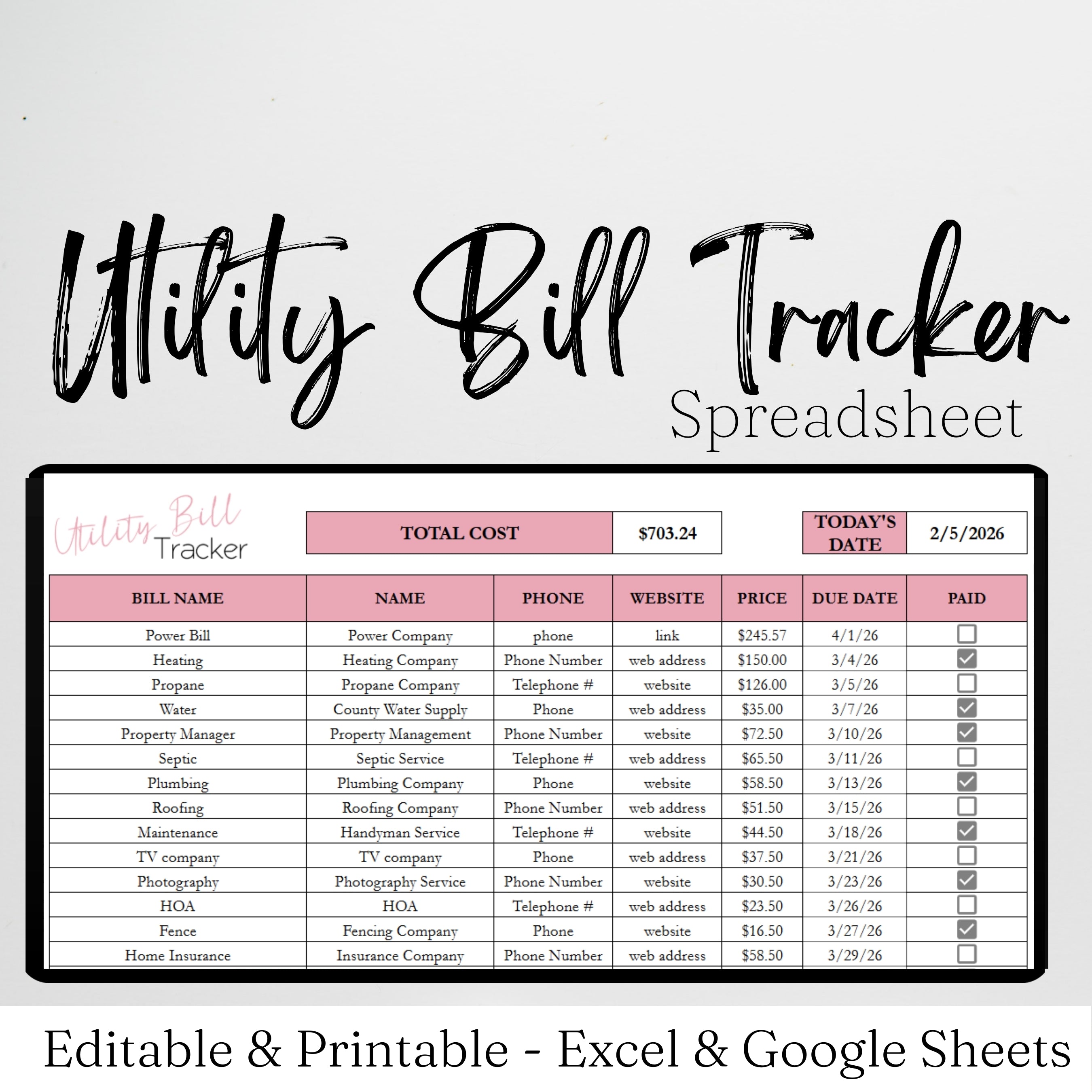 Utility Bill Tracker Template Google Sheets and Excel Spreadsheet ...