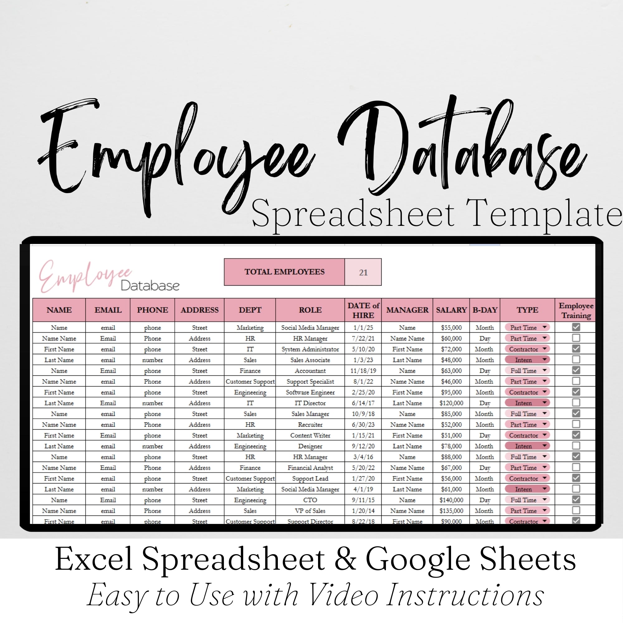 Employee Database Excel Spreadsheet Template and Google Sheets – Savvy ...