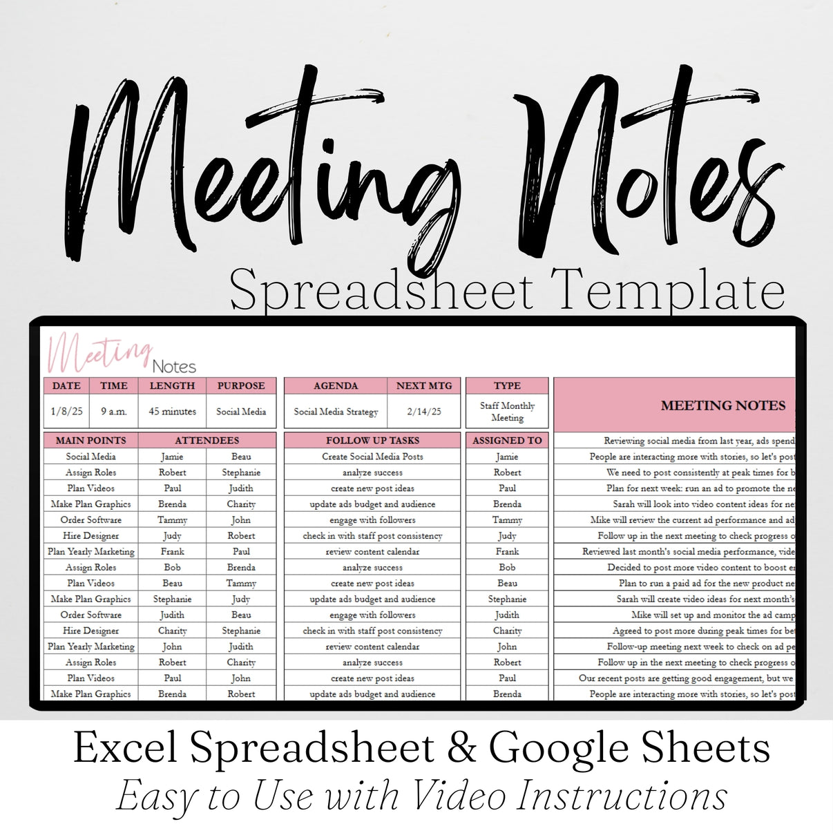Meeting Notes Template Google Sheets and Excel Spreadsheet – Savvy and ...