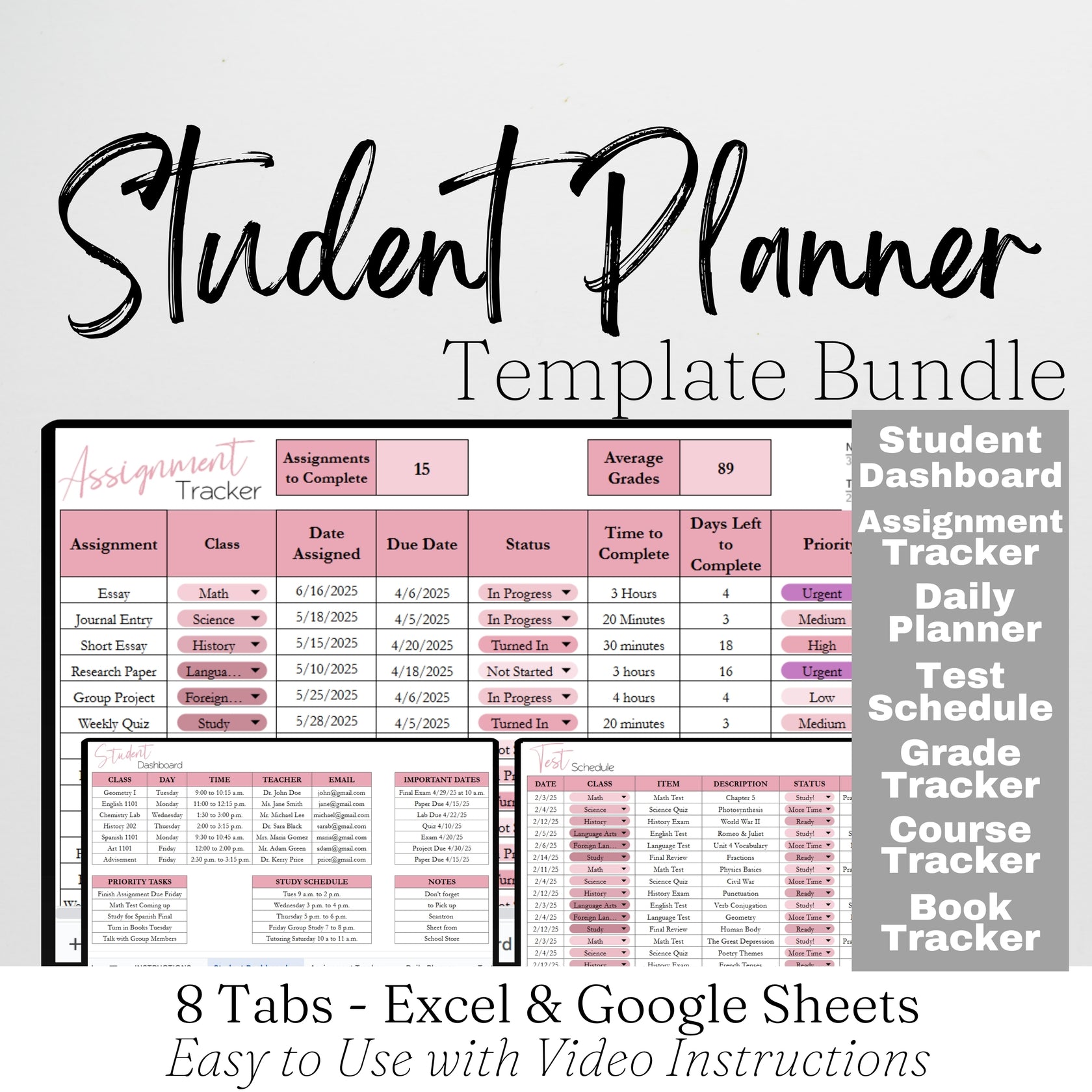 Student Planner Template Google Sheets and Excel Spreadsheet – Savvy ...