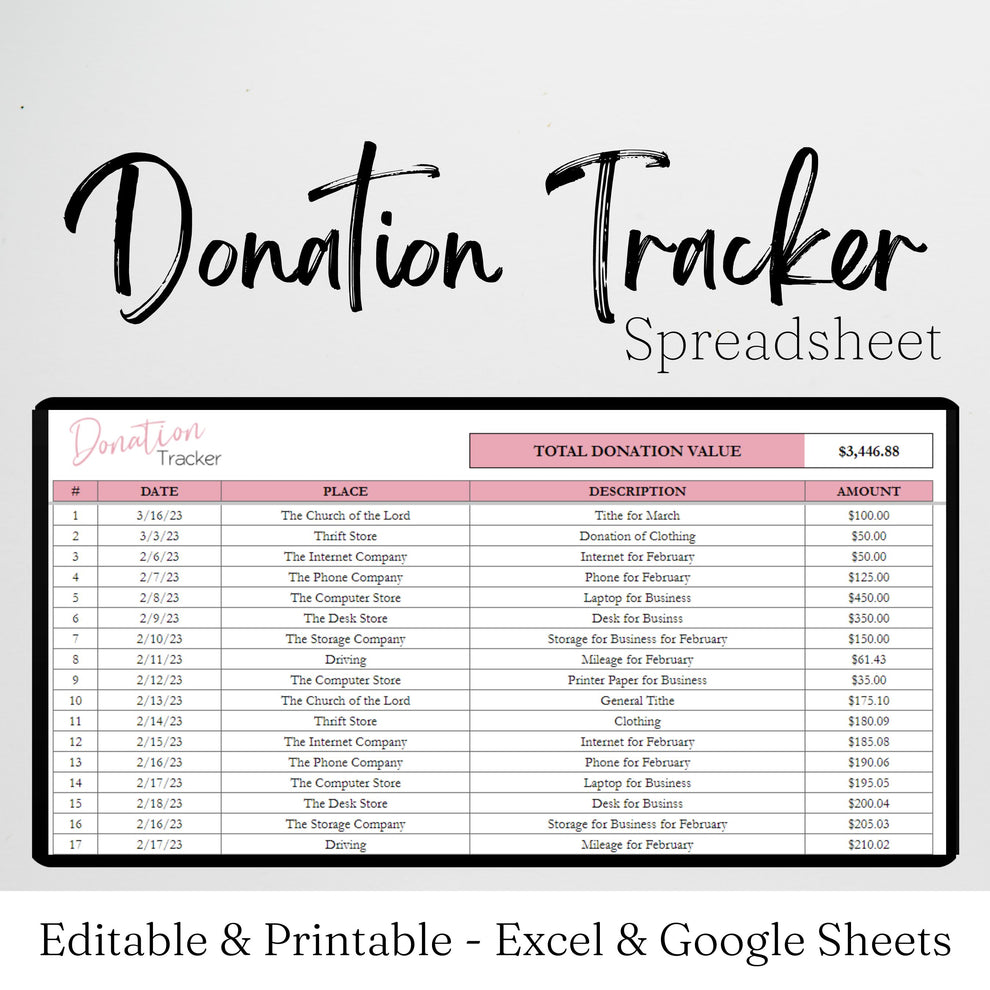Donation Tracker Google Sheet and Excel Spreadsheet – Savvy and Thriving