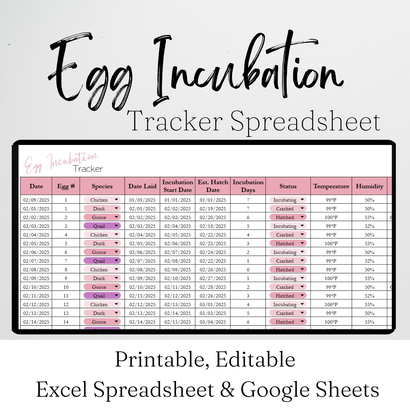 Egg Hatching Tracker Template Google Sheets and Excel Spreadsheet ...