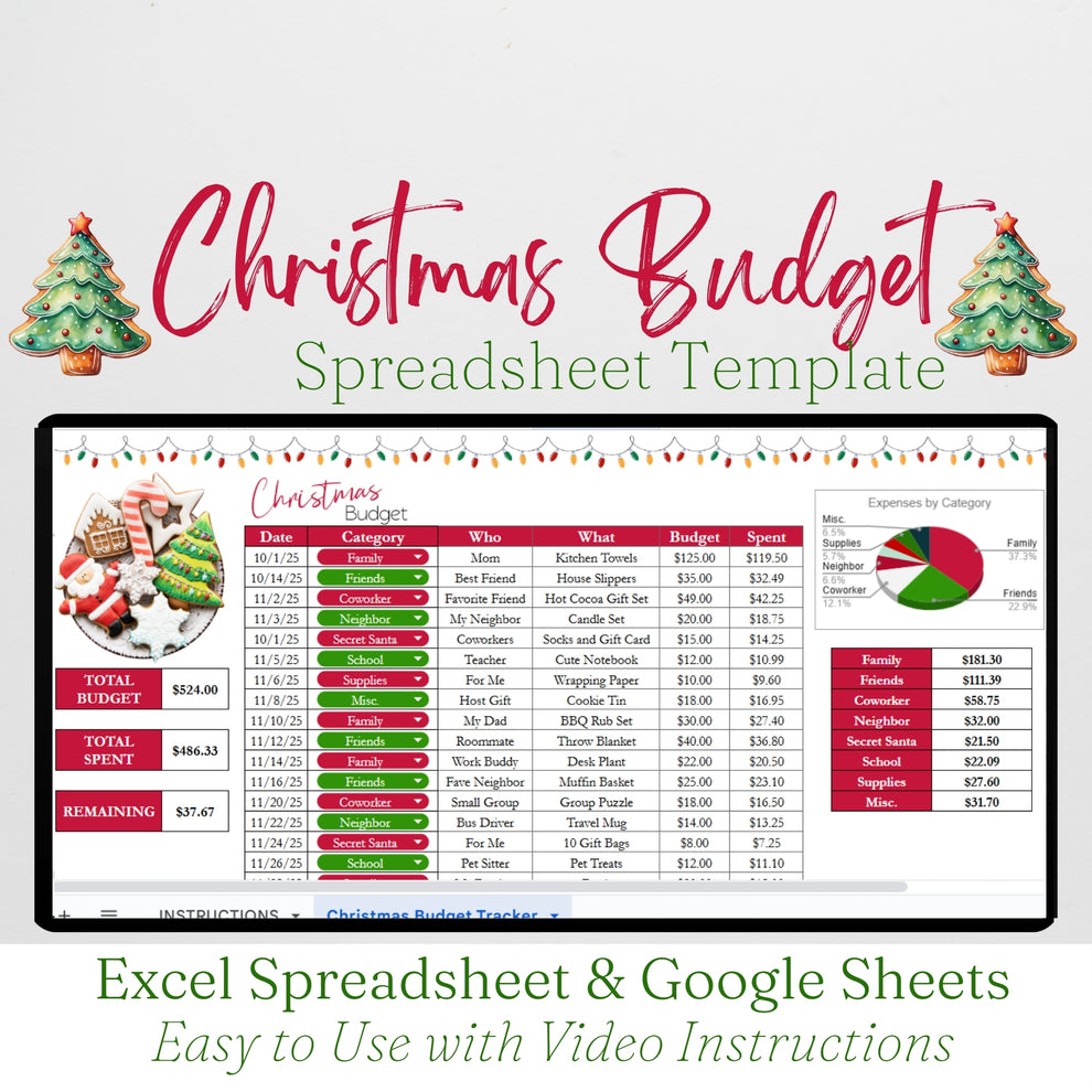 Christmas Budget Spreadsheet Template, Excel Spreadsheet and Google Sh ...