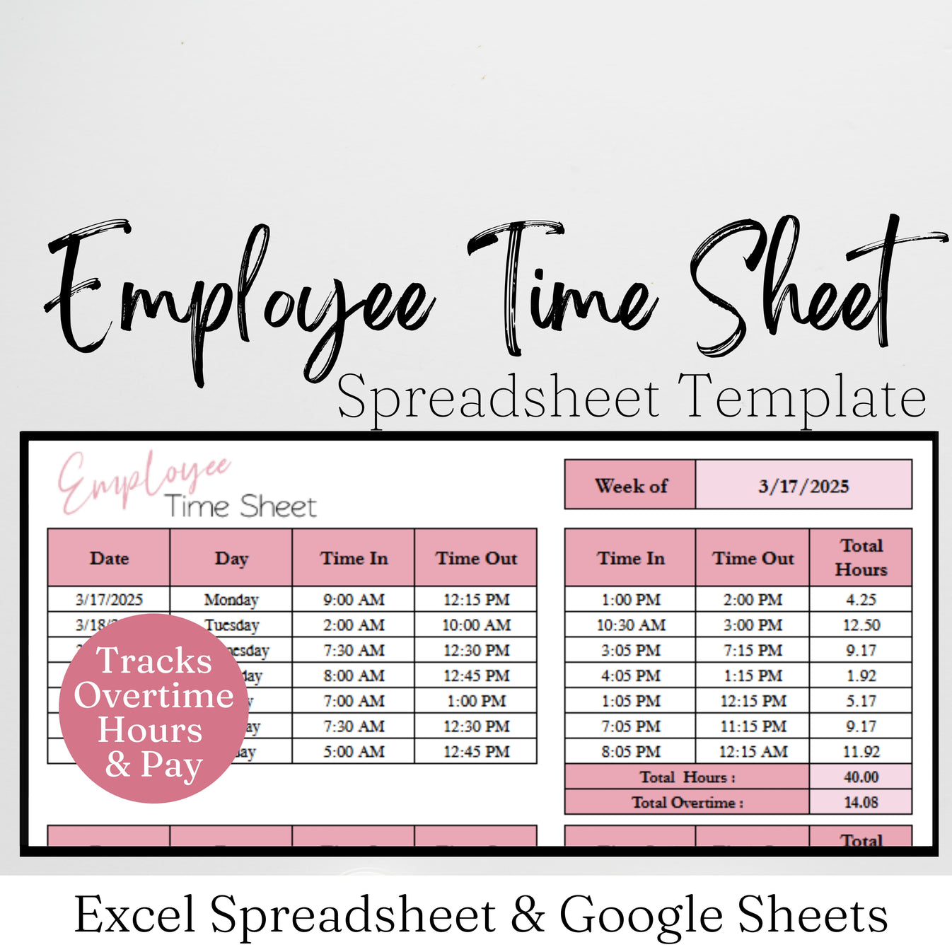 Employee Time Sheet Template with Lunch Excel Spreadsheet and Google S ...