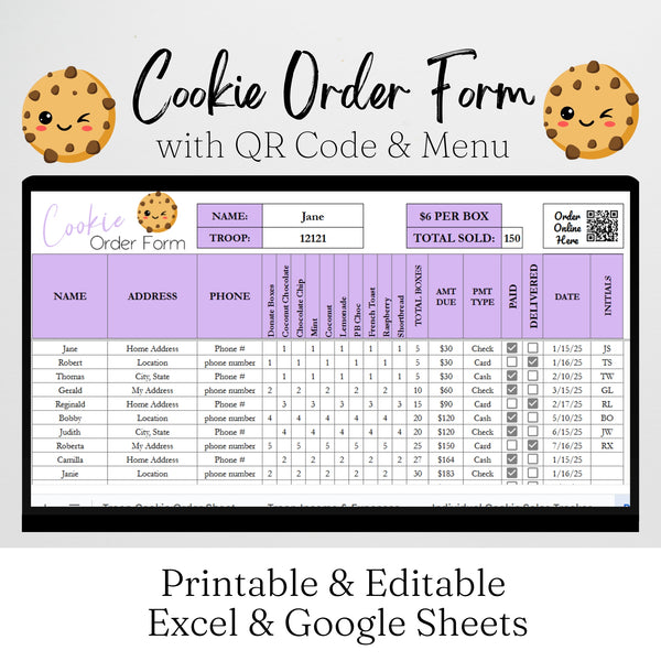 Cookie Order Form Template with QR Code Google Sheets and Excel, Print ...
