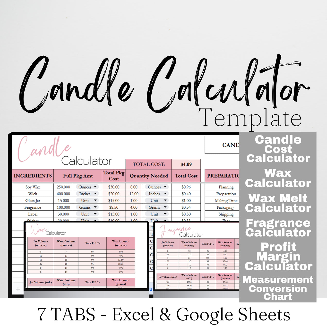 Candle Calculator Spreadsheet Google Sheet and Excel for Cost, Wax, an ...
