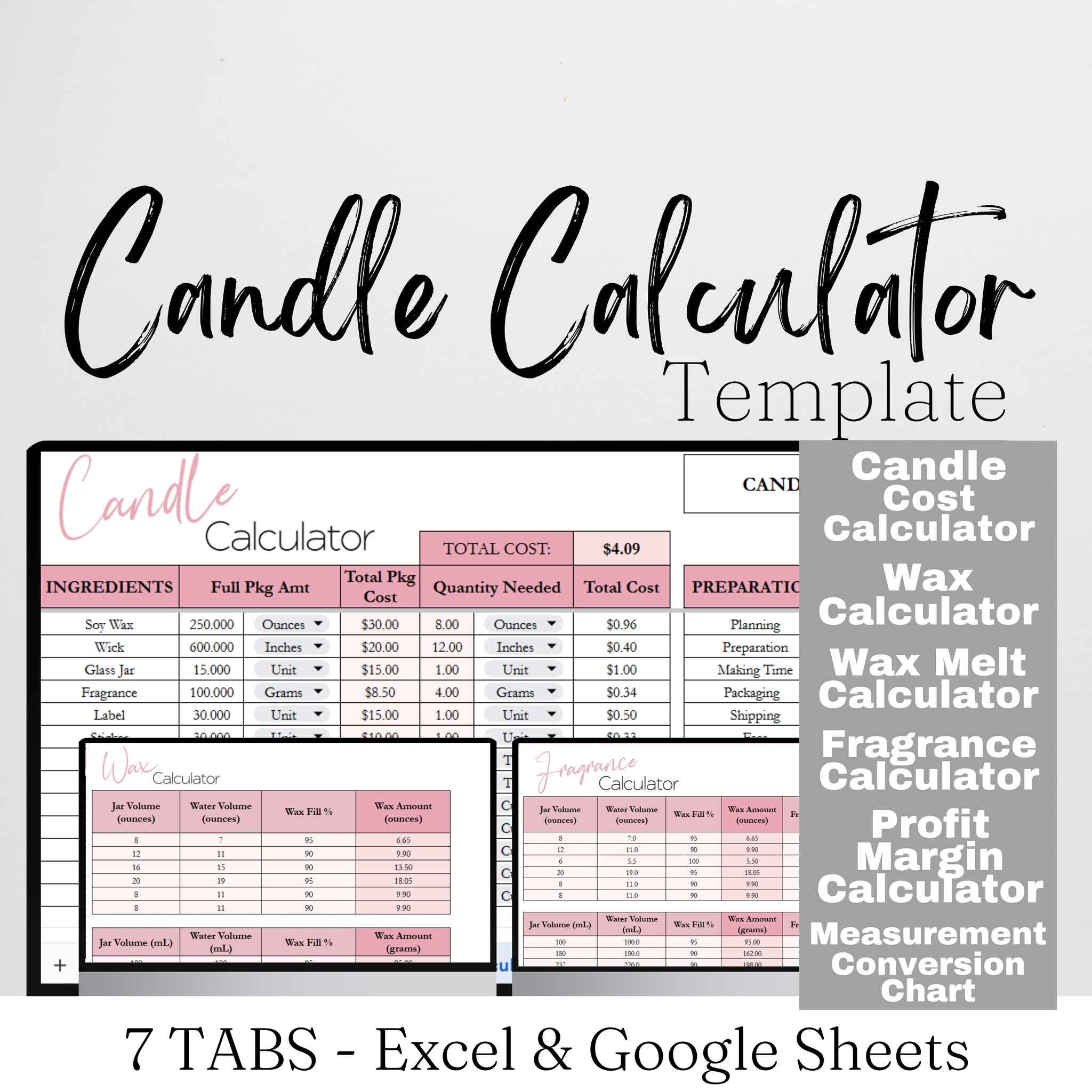 Candle Calculator Spreadsheet Google Sheet and Excel for Cost, Wax, an ...