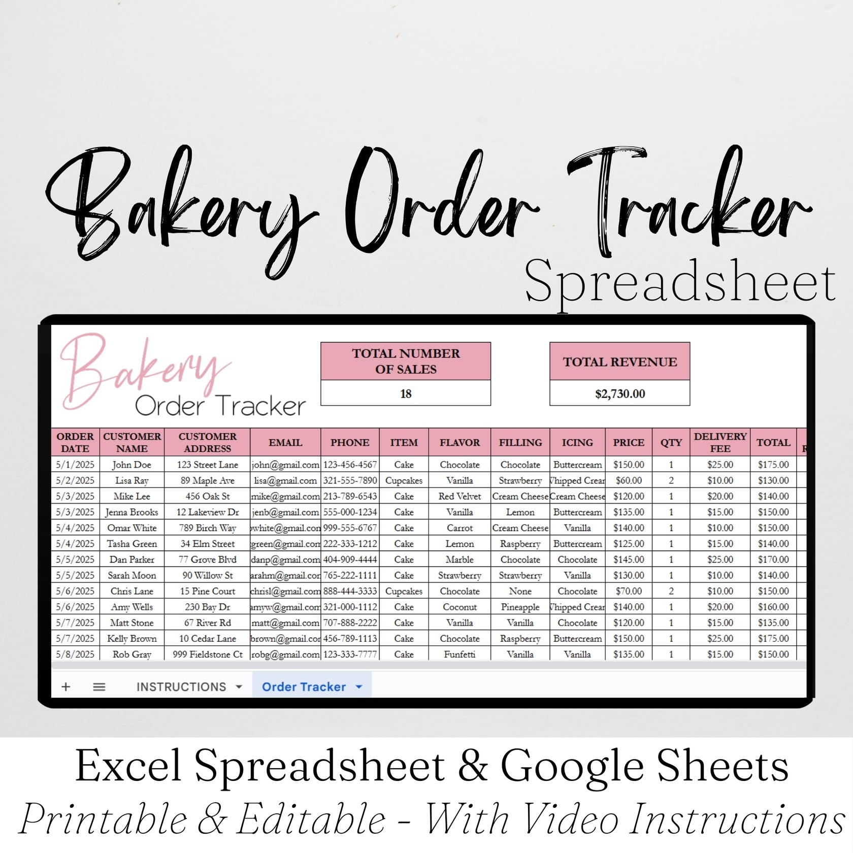 Bakery Order Tracker Template Google Sheets and Excel Spreadsheet ...