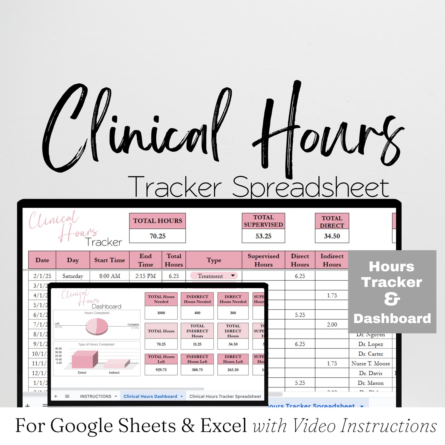 Clinical Hours Tracker Template Excel Spreadsheet and Google Sheets ...