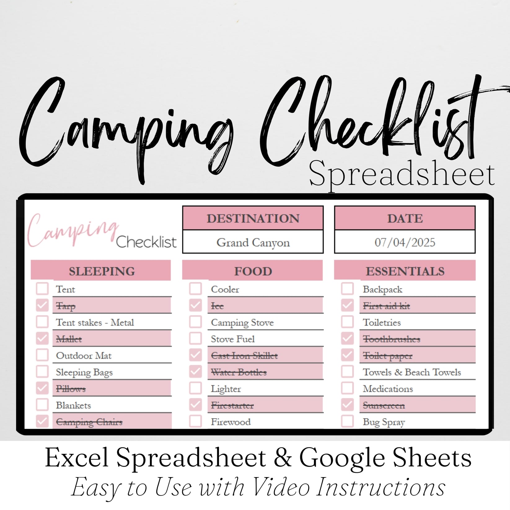Camping Checklist Template for Google Sheets and Excel Spreadsheet ...