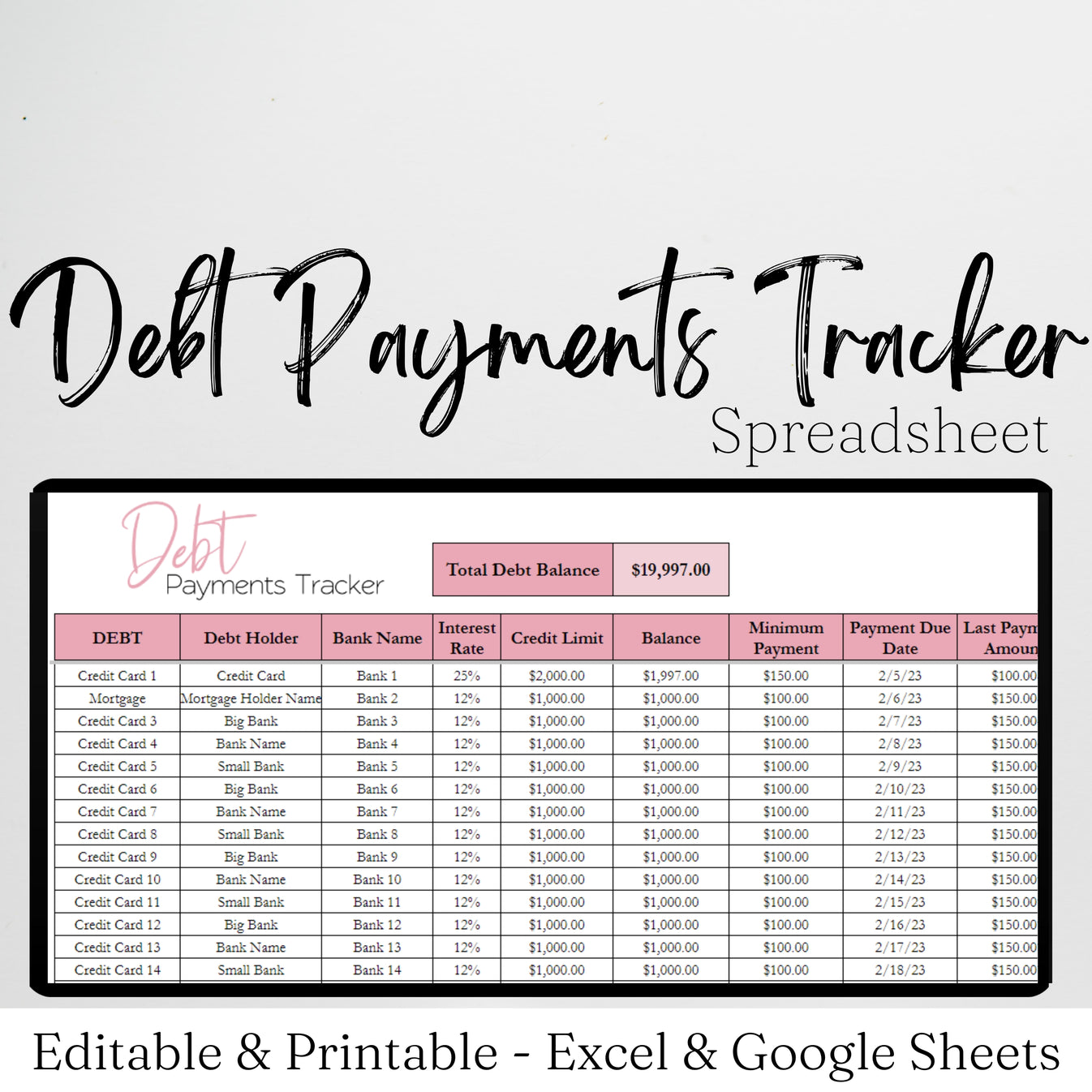 Debt Payments Tracker Excel Spreadsheet and Google Sheets Template ...