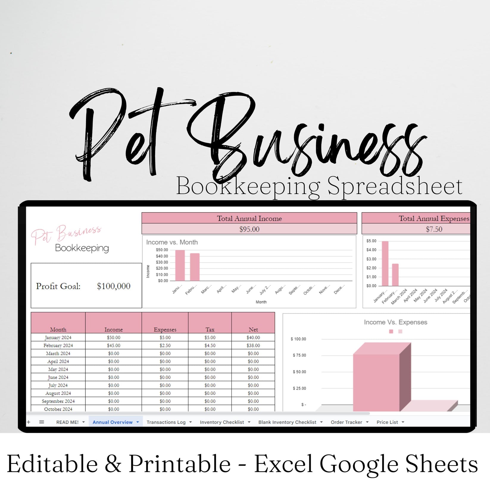 Pet Business Bookkeeping Template Google Sheets Excel Spreadsheet ...