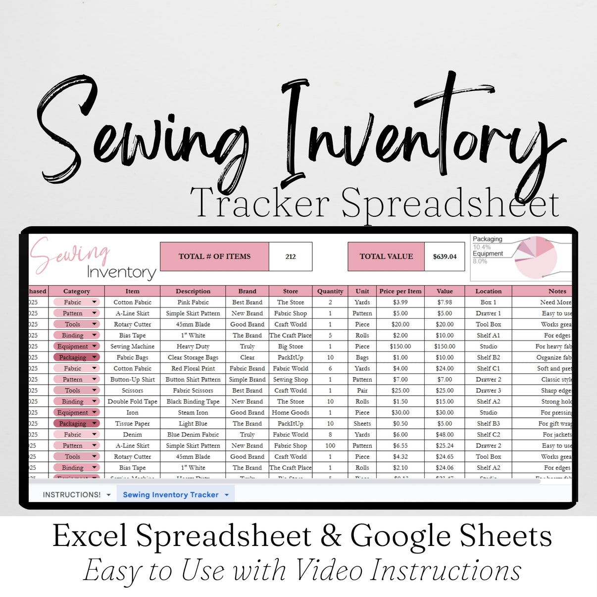 Sewing Inventory Tracker Template Google Sheets and Excel Spreadsheet ...