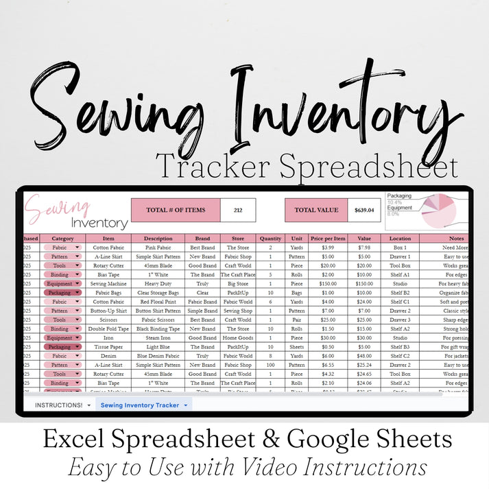 Sewing Inventory Tracker Template Google Sheets and Excel Spreadsheet ...