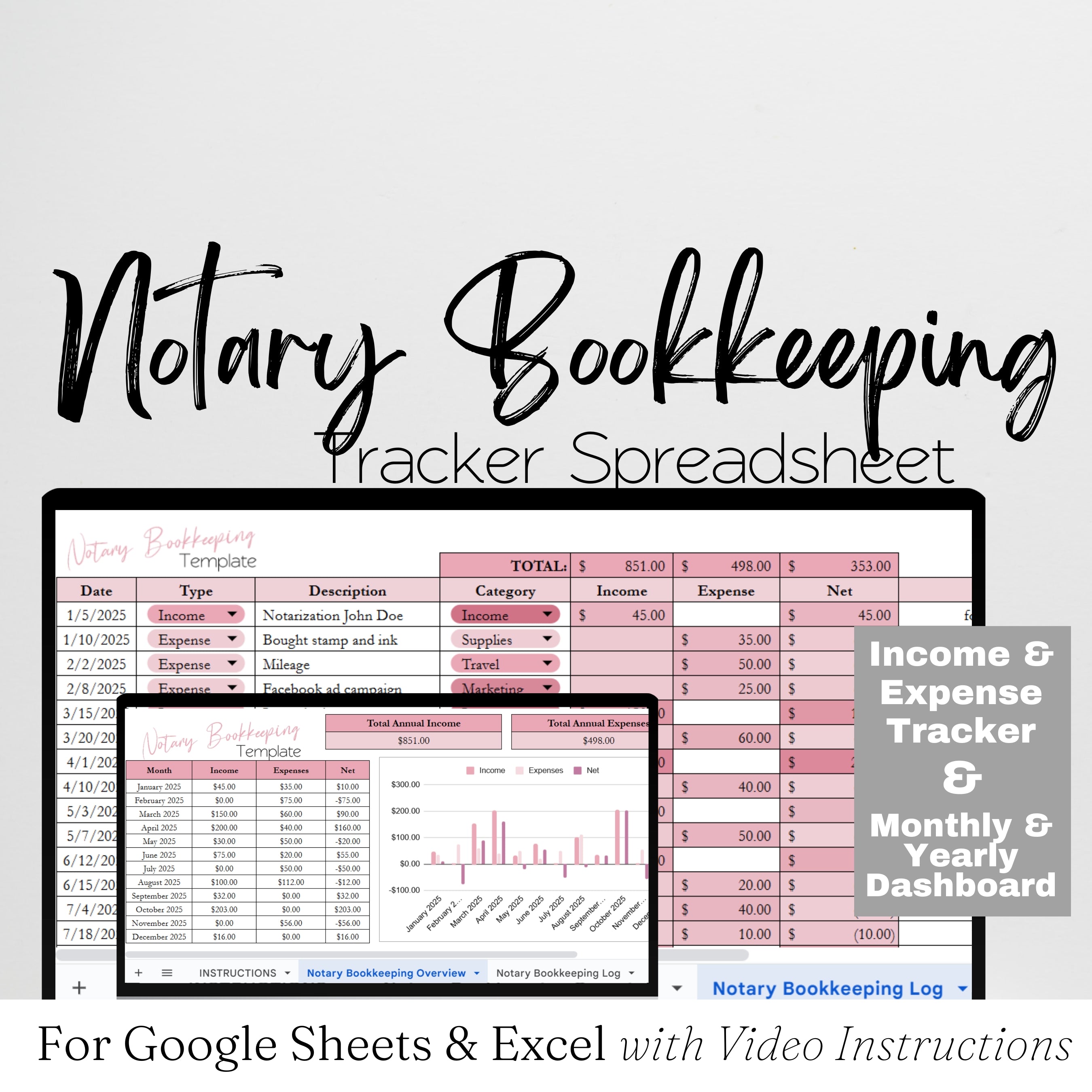 Notary Bookkeeping Template Google Sheets and Excel Spreadsheet – Savvy ...