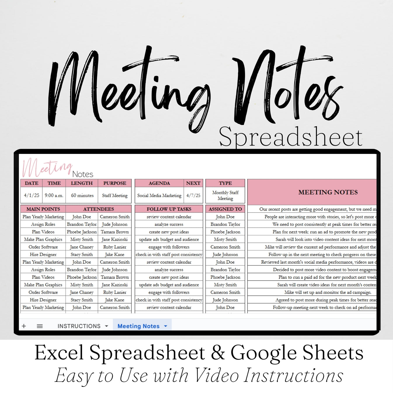 Meeting Notes Template Google Sheets and Excel Spreadsheet – Savvy and ...