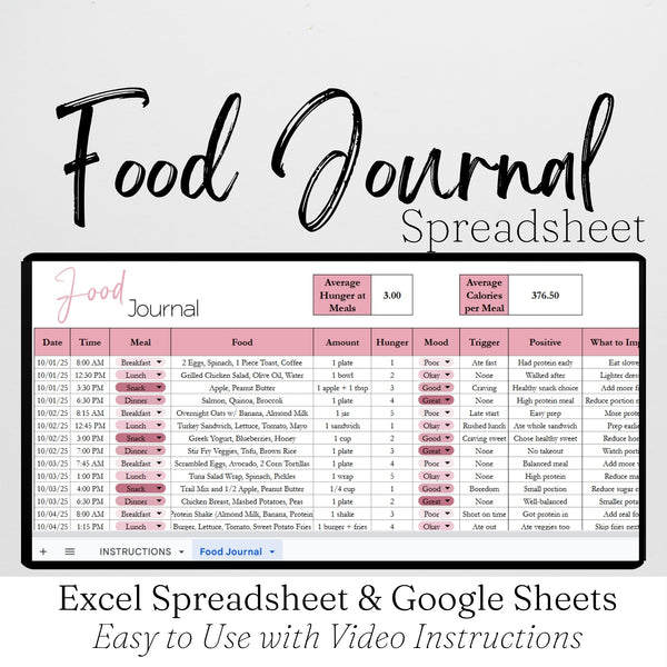 Food Journal Template Google Sheets and Excel Spreadsheet – Savvy and ...