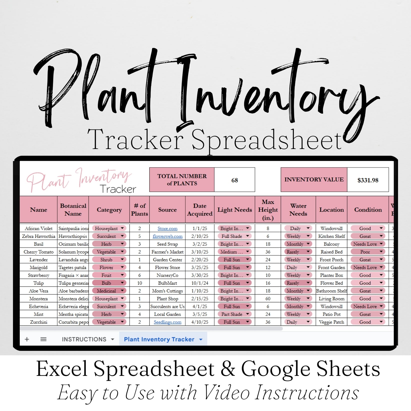 Plant Inventory Tracker Template for Google Sheets and Excel Spreadshe ...