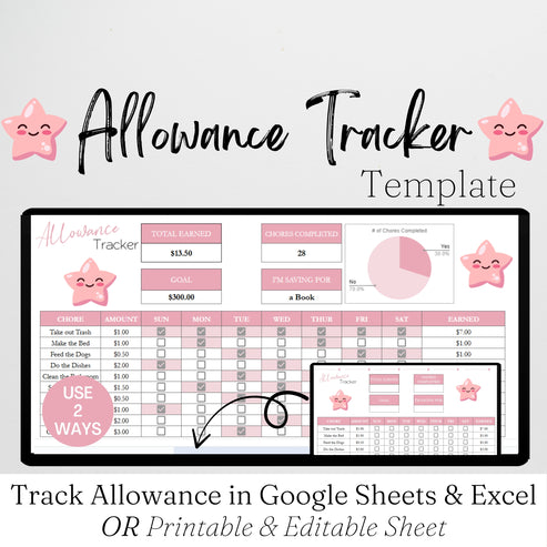 Allowance Tracker Spreadsheet for Kids Template Excel and Google Sheet ...