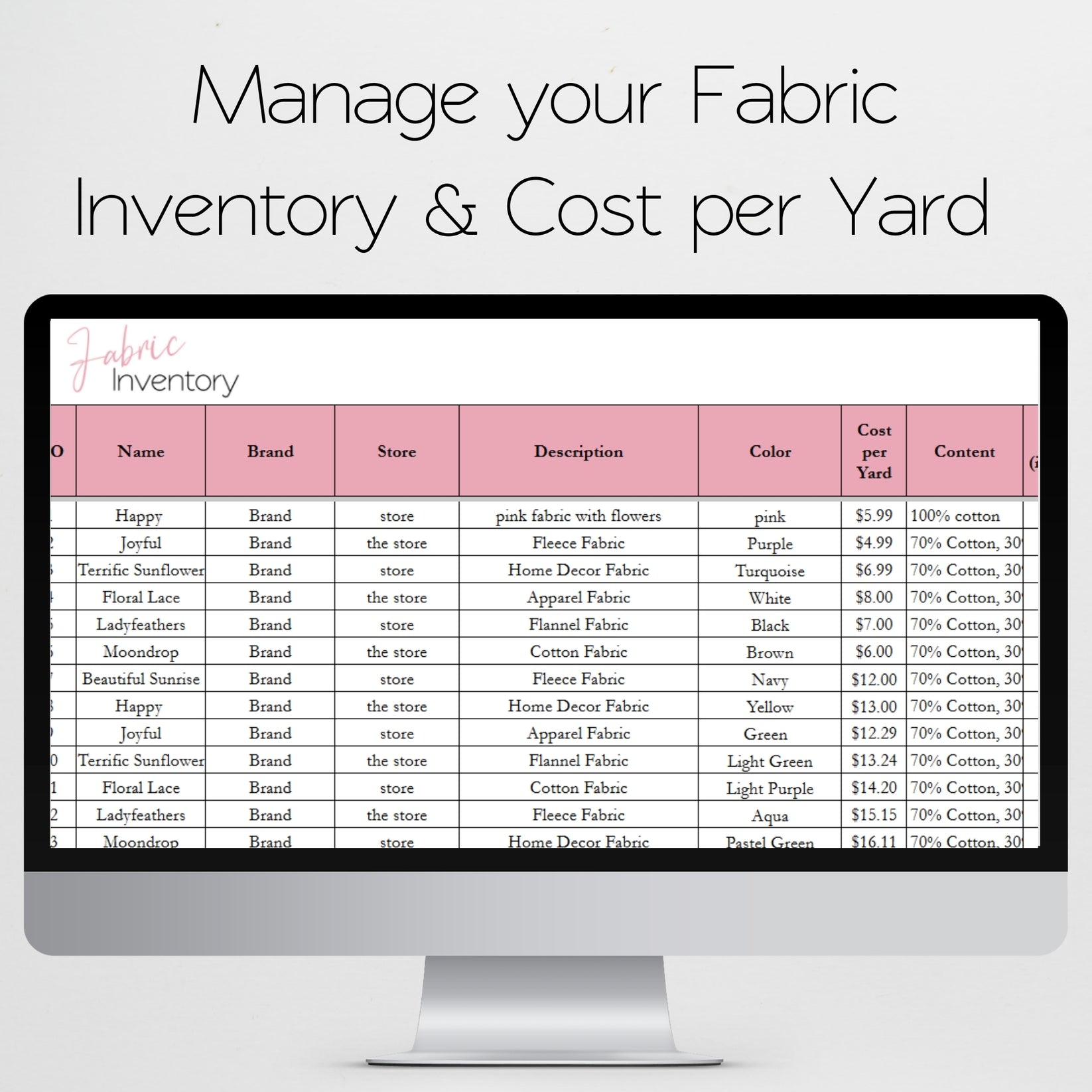 Fabric Inventory Tracker Google Sheet and Excel Spreadsheet – Savvy and ...