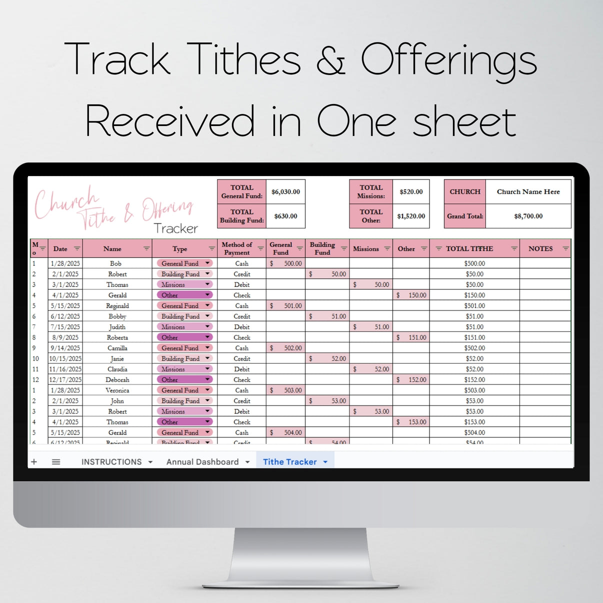 Church Tithing Template Excel Spreadsheet and Google Sheets – Savvy and ...