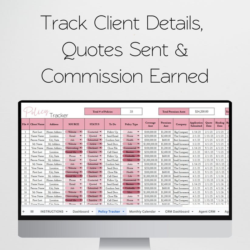 Insurance Agent Business Template Bundle Google Sheet and Excel Spread ...