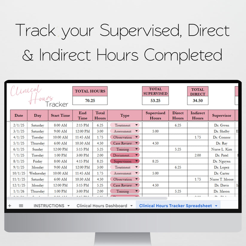 Clinical Hours Tracker Template Excel Spreadsheet and Google Sheets ... Clinical Hours Tracker Template Excel Spreadsheet and Google Sheets ...