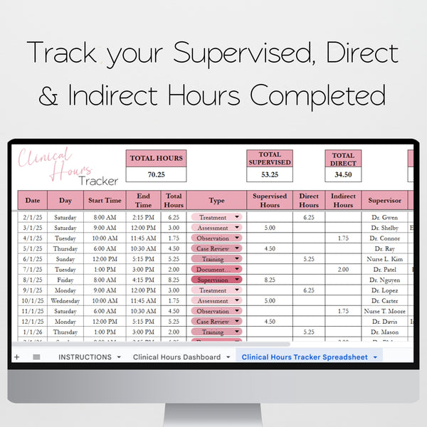 Clinical Hours Tracker Template Excel Spreadsheet and Google Sheets ...