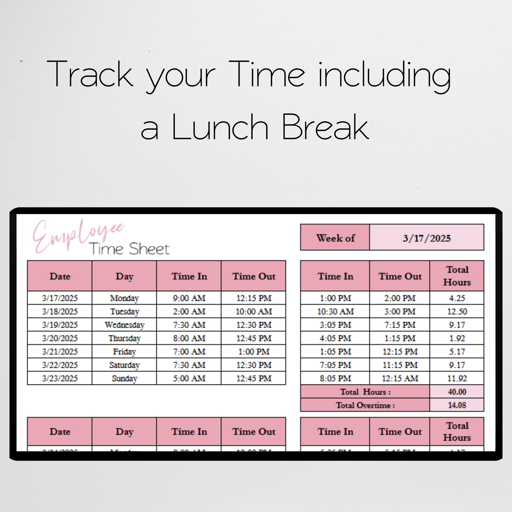 Employee Time Sheet Template with Lunch Excel Spreadsheet and Google S ...