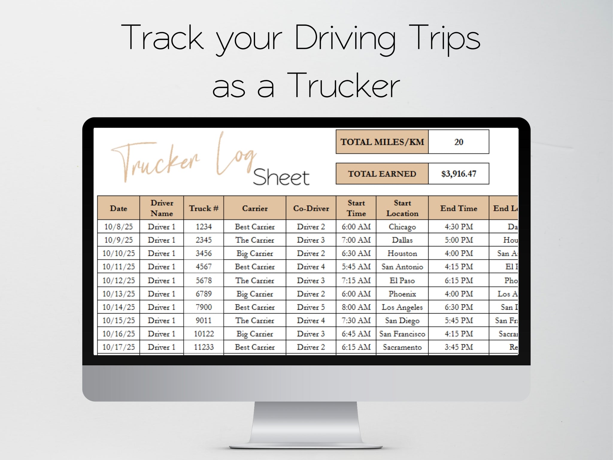 Trucker Log Sheet Template Google Sheets and Excel Spreadsheet – Savvy ...