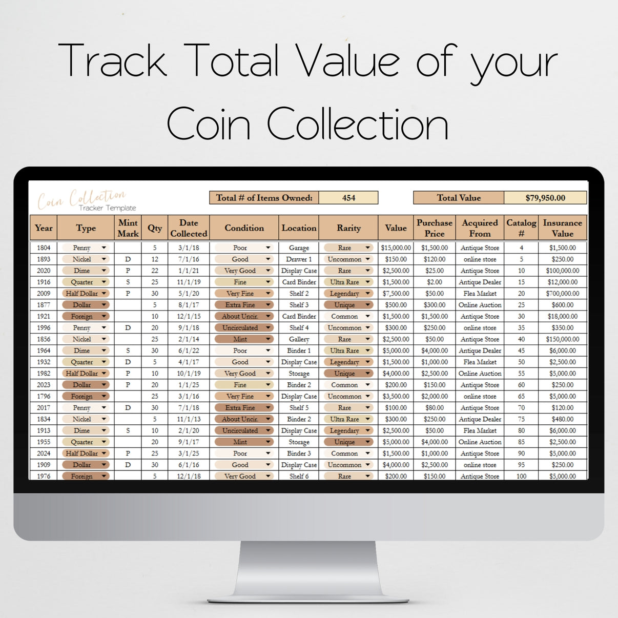Coin Collection Inventory Spreadsheet Google Sheets and Excel Tracker ...
